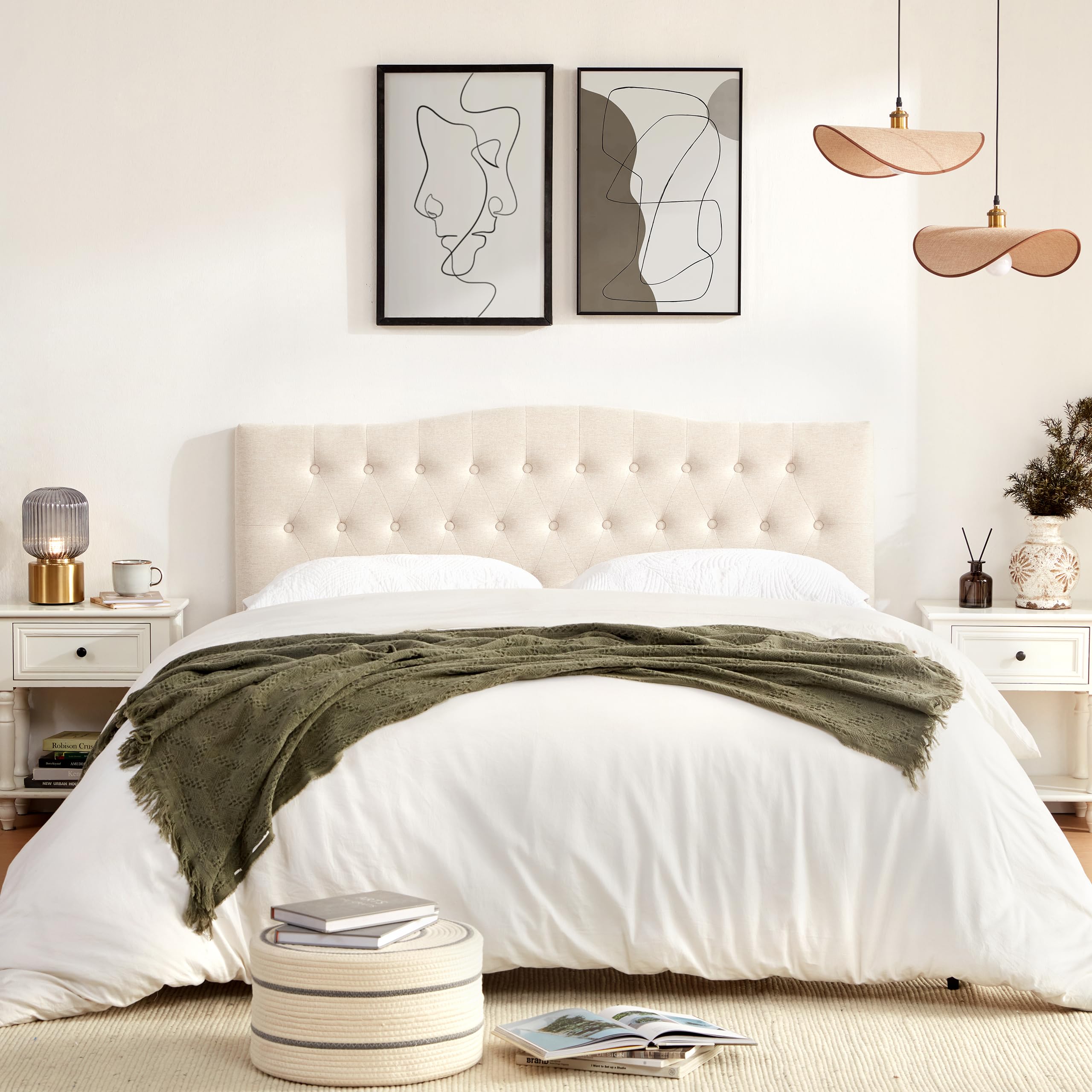 Huatean Home Tufted Upholstered Headboard Queen Size, Sturdy and Durable Solid Wood Bed headboard, Fabric Headboard Adjustable Height from 37β to 51β, Modern Button Diamond Design Head Board, Beige