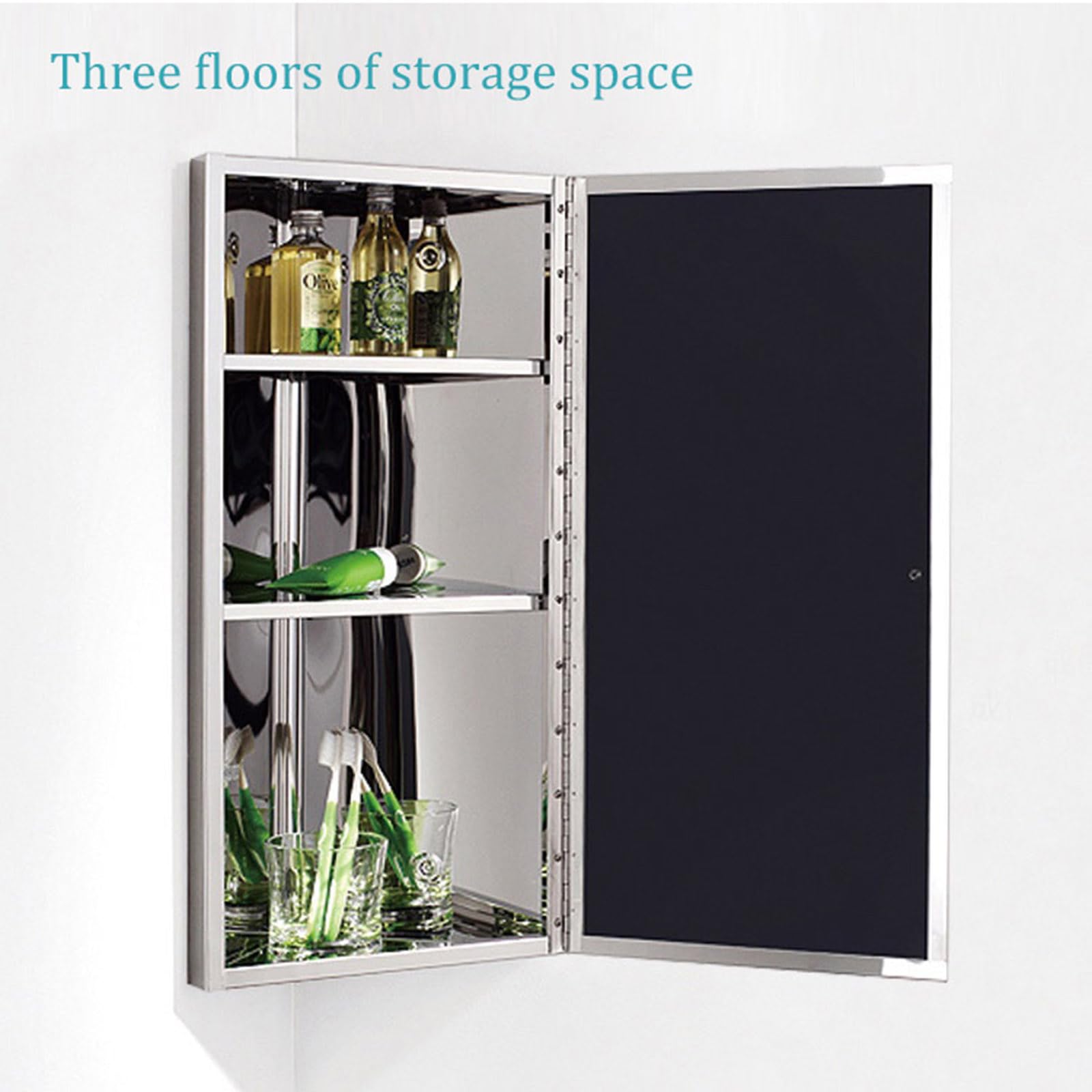 Generic 24"" Bathroom Corner Medicine Cabinet W/Mirror, Bathroom Stainless Steel Wall Mount Mirror Cabinet, Hanging Triple Shelf Storage Cabinet (Right), Small