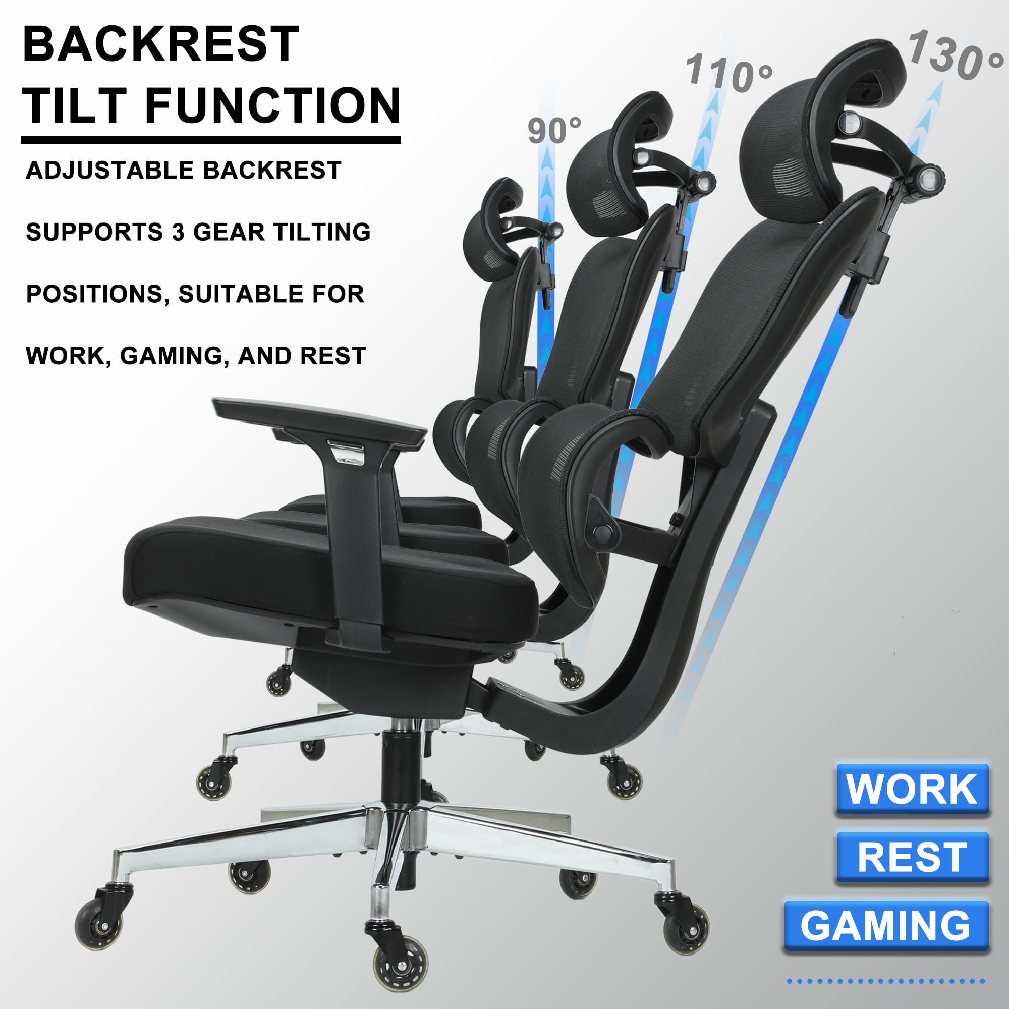 HUAUR C19 Ergonomic Mesh Office Chair with Adjustable Height Lumbar Support,3D Armrest & Headrest,Tilt Function,Blade Wheel for High Back Desk Chair,Swivel Big and Tall Computer Chair (Black)