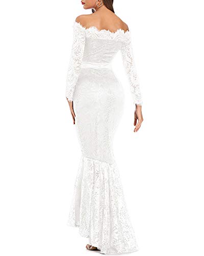 LALAGEN Women's Floral Lace Long Sleeve Off Shoulder Wedding Mermaid Dress White XL
