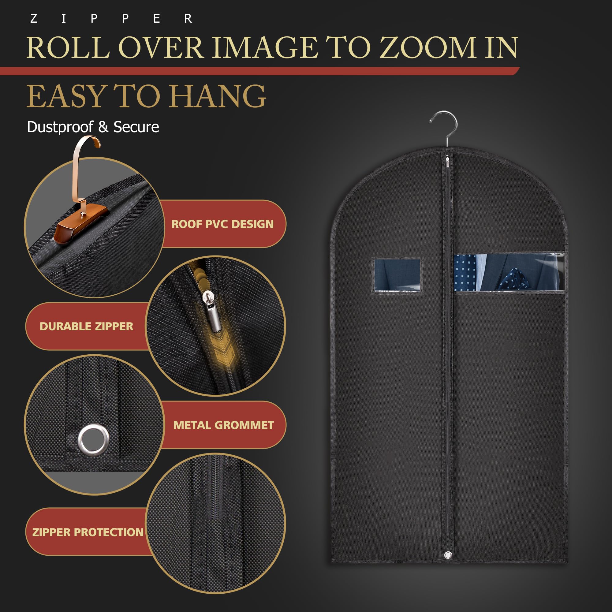 Hleelomi 5 Pack 40-inch Suit Bag Garment Bag for Travel and Storage, Garment Bags for Hanging Clothes with Zipper and Visible Transparent Window, Black