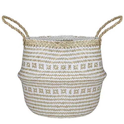 Northlight 17" Beige and White Large Seagrass Belly Basket with Handles