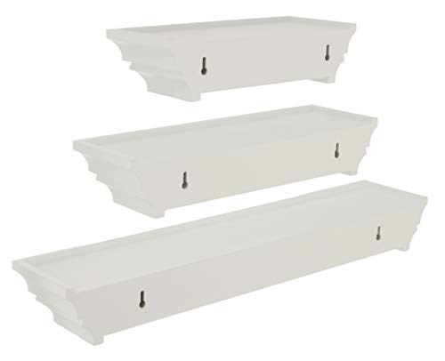 Kiera Grace Madison Classic Crown Molding Floating Wall Shelves, Robust Engineered Wood, Easy Assembly, Ideal for Home Decor, 12" / 16" / 24", White, Set of 3