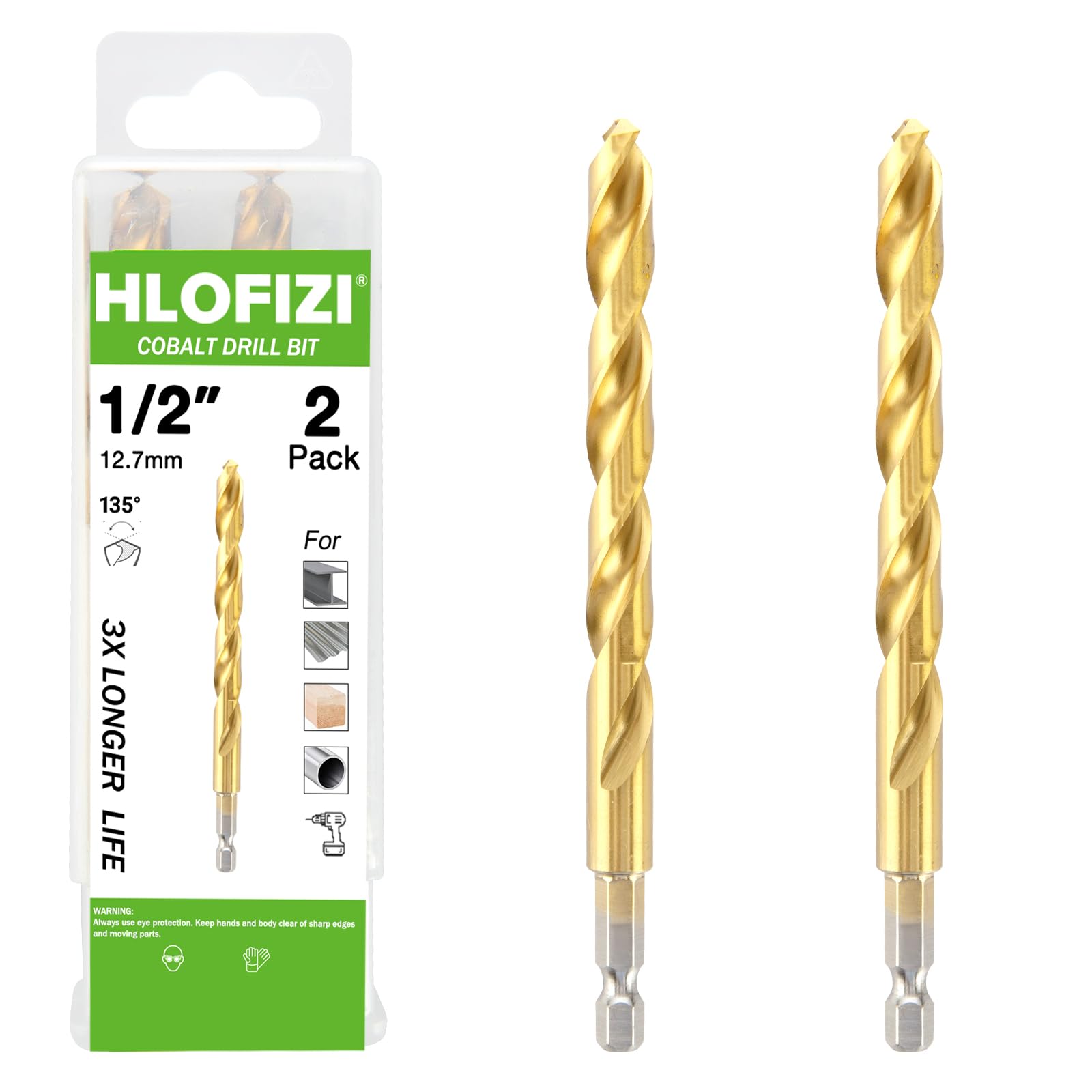 HLOFIZI 1/8" Cobalt Drill Bit with Hex Shank (3 Pack), Impact Titanium Twist Drill Bits for Metal, Stainless Steel, Cast Iron and Wood
