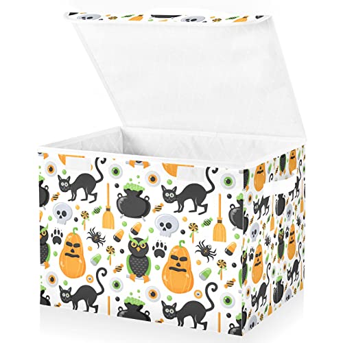 innewgogo Happy Halloween Pumpkins Cat Owl Skull Storage Bins with Lids for Organizing Closet Organizers with Handles Oxford Cloth Storage Cube Box for Books