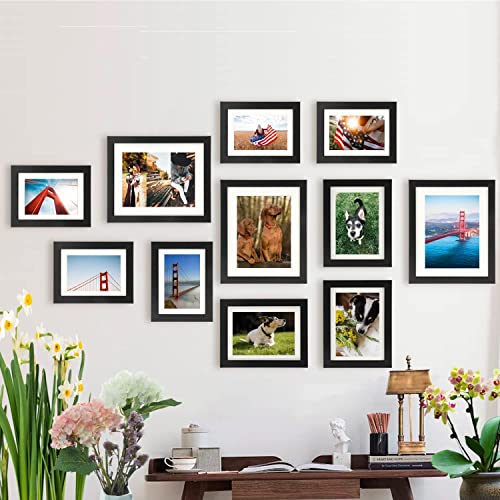 Picture Frames 8x10 Picture Frame Set of 2,Display Pictures 5x7 with Mat or 8x10 Without Mat Real Glass and Composite Wood for Wall or Tabletop Display Pre-Installed Wall Mounting Hardware,Black