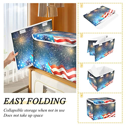 innewgogo Patriotic Usa Flag Storage Bins with Lids for Organizing Storage Bin with Handles Oxford Cloth Storage Cube Box for Bed Room