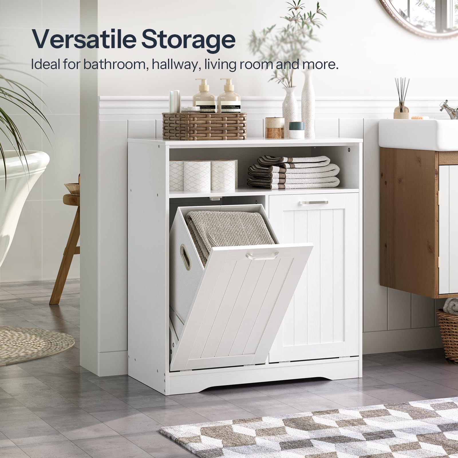 HOOBRO Laundry Cabinet, Tilt-Out Laundry Hamper, Pull Out Laundry Sorter with 2 Removable Basket and Open Shelving, Storage Cabinet for Laundry Room, Bathroom, Living Room, White WT80XY01
