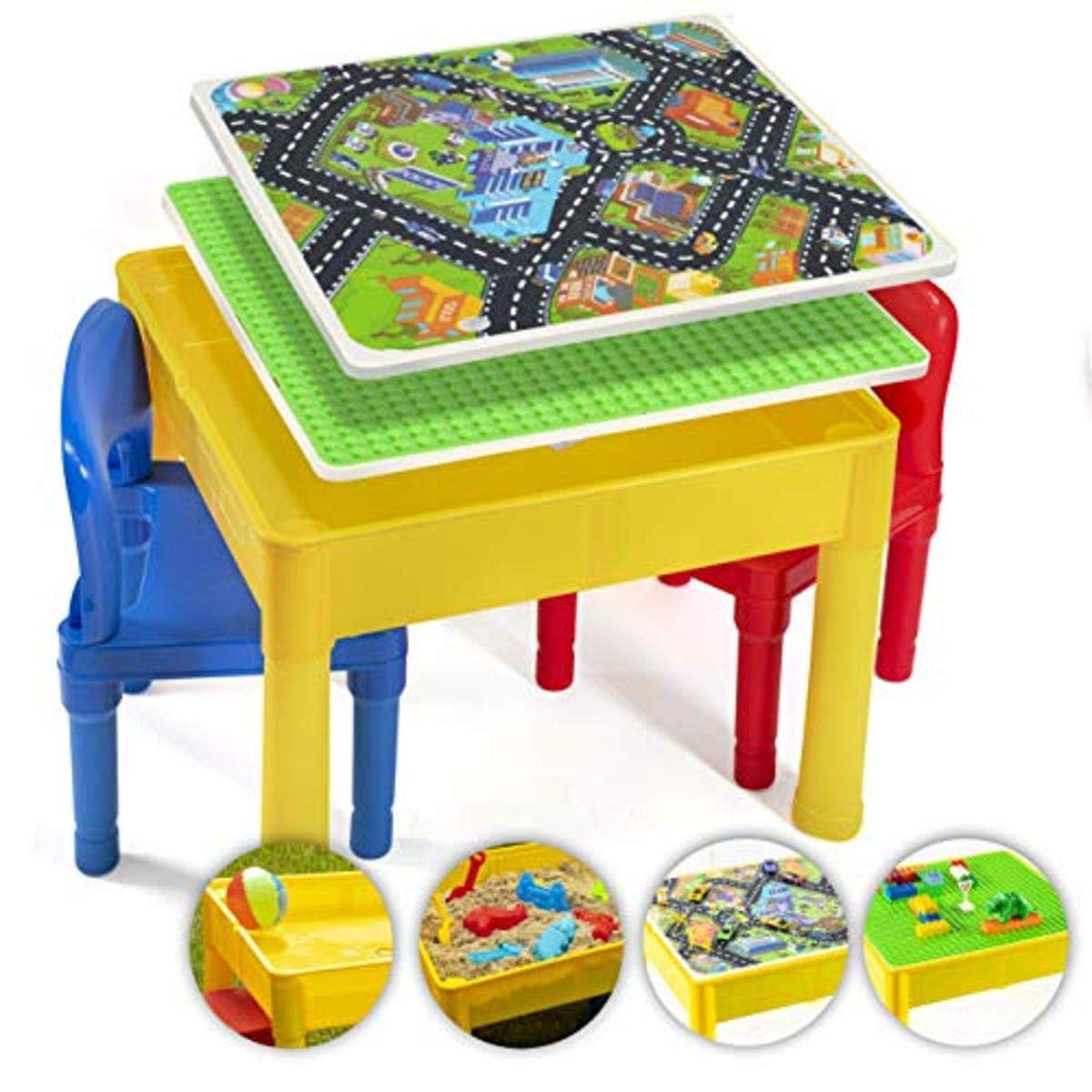PREXTEX Kids 5 in 1 Store and Play Craft, Bricks, Water & Car Roads, Activity Play Table Set with 2 Chairs