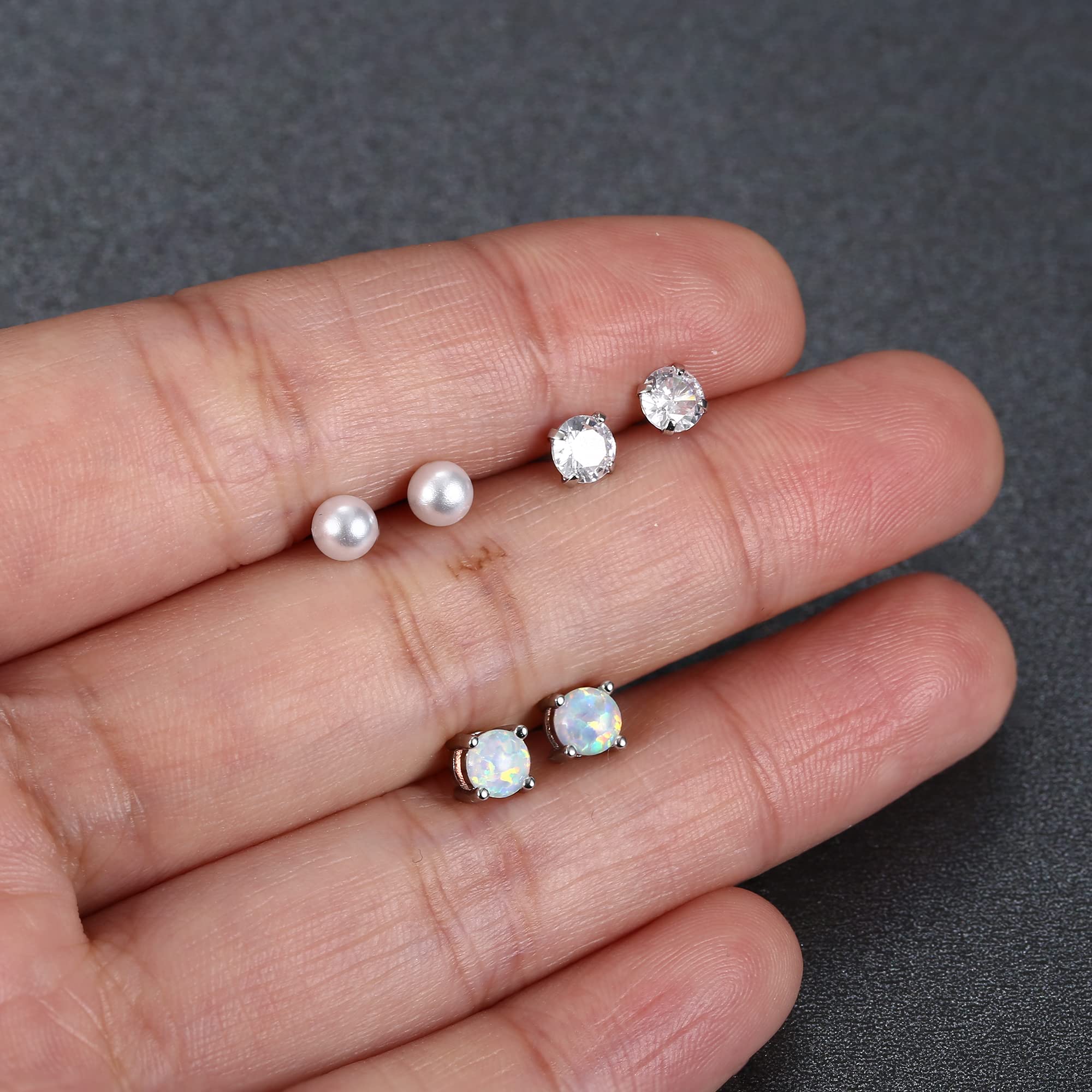 FIASASO 3 Pairs Sterling Silver Stud Earrings for Women Men Teen Hypoallergenic Earrings Pearl Opal CZ Stud Earrings Tiny Stud Earrings Set