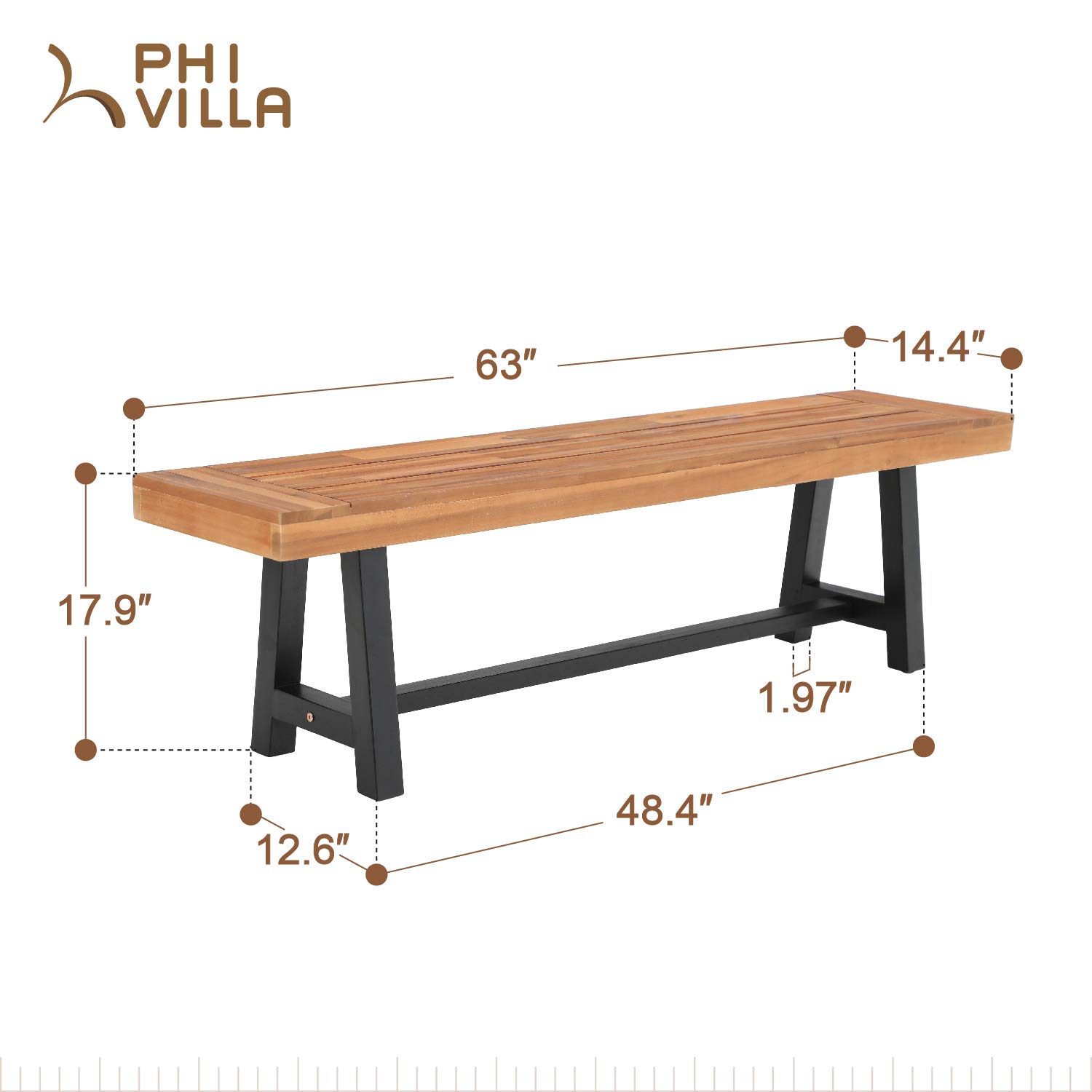 PHI VILLA Outdoor Acacia Wood Bench, 2 Piece 63" Long Patio Dining Picnic Bench for 6 People, Backless Oil Finished Teak Bench Supports 550lbs, Classic Brown and Black