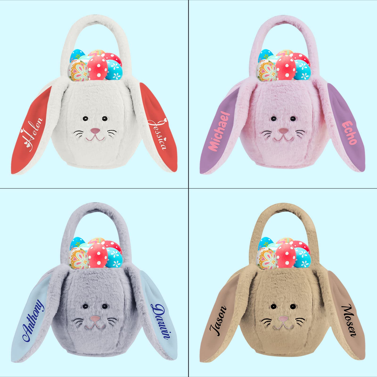 Easter Bunny Basket Egg Bags for Kids Personalized Furry Critter Easter Basket for Kids with Name Toy Storage Basket-Brown Bunny
