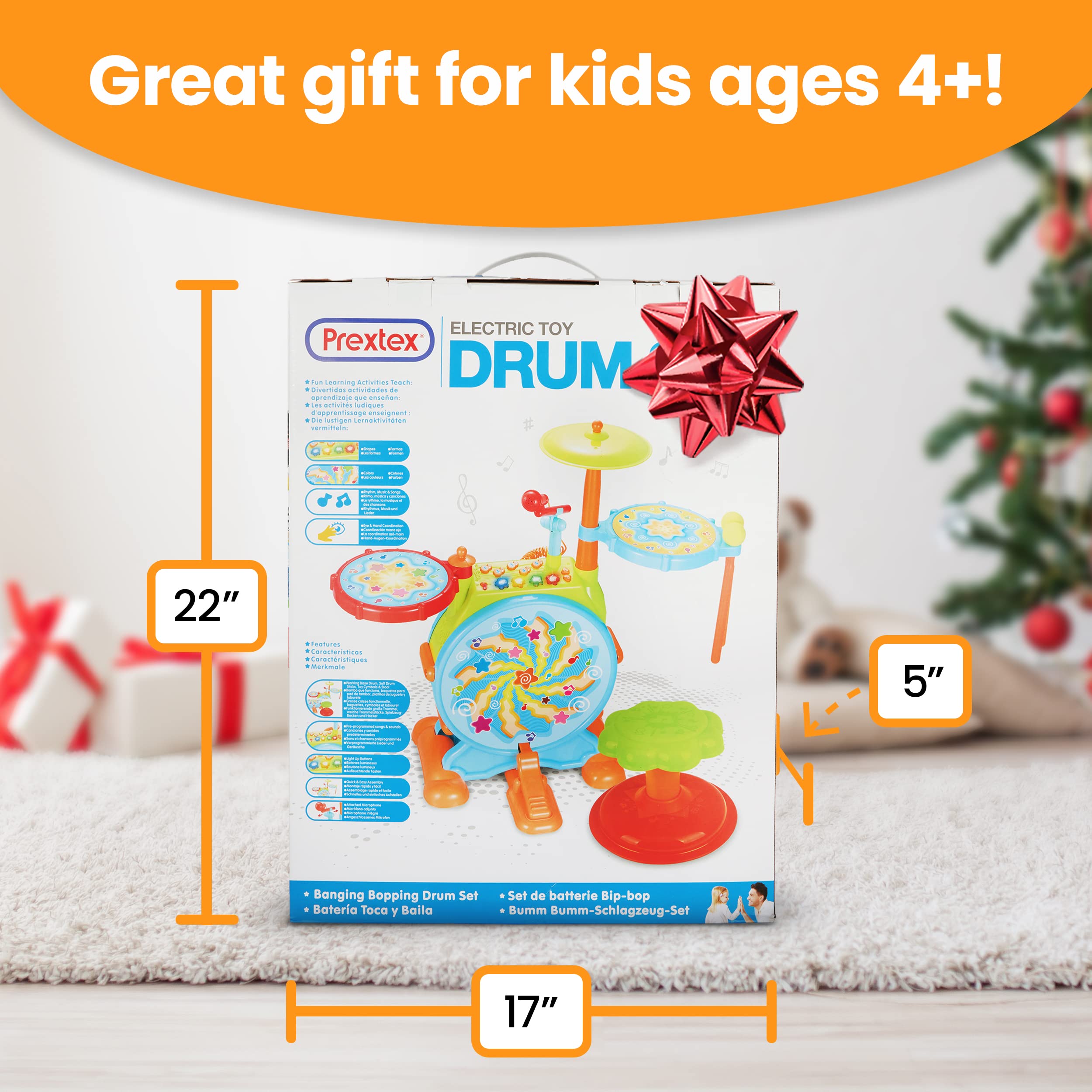 Prextex Kids Drum Set - Toddler Drum Set Includes Toy Microphone, Adjustable Sound Bass, Electric Drums & Drum Sticks (for Ages 3-6)