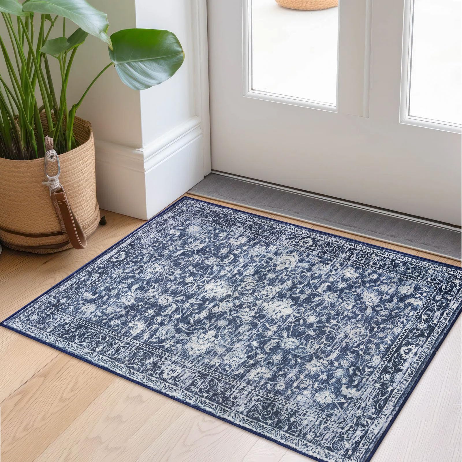 KILOCOCO Moroccan Small Area Rug 2x3 Entryway Rugs Printed Vintage Floral Rug Washable Rug Non-Slip Kitchen Rug Indoor Door Mat, Accent Throw Small Rug for Laundry Room Bedroom Entrance, Blue