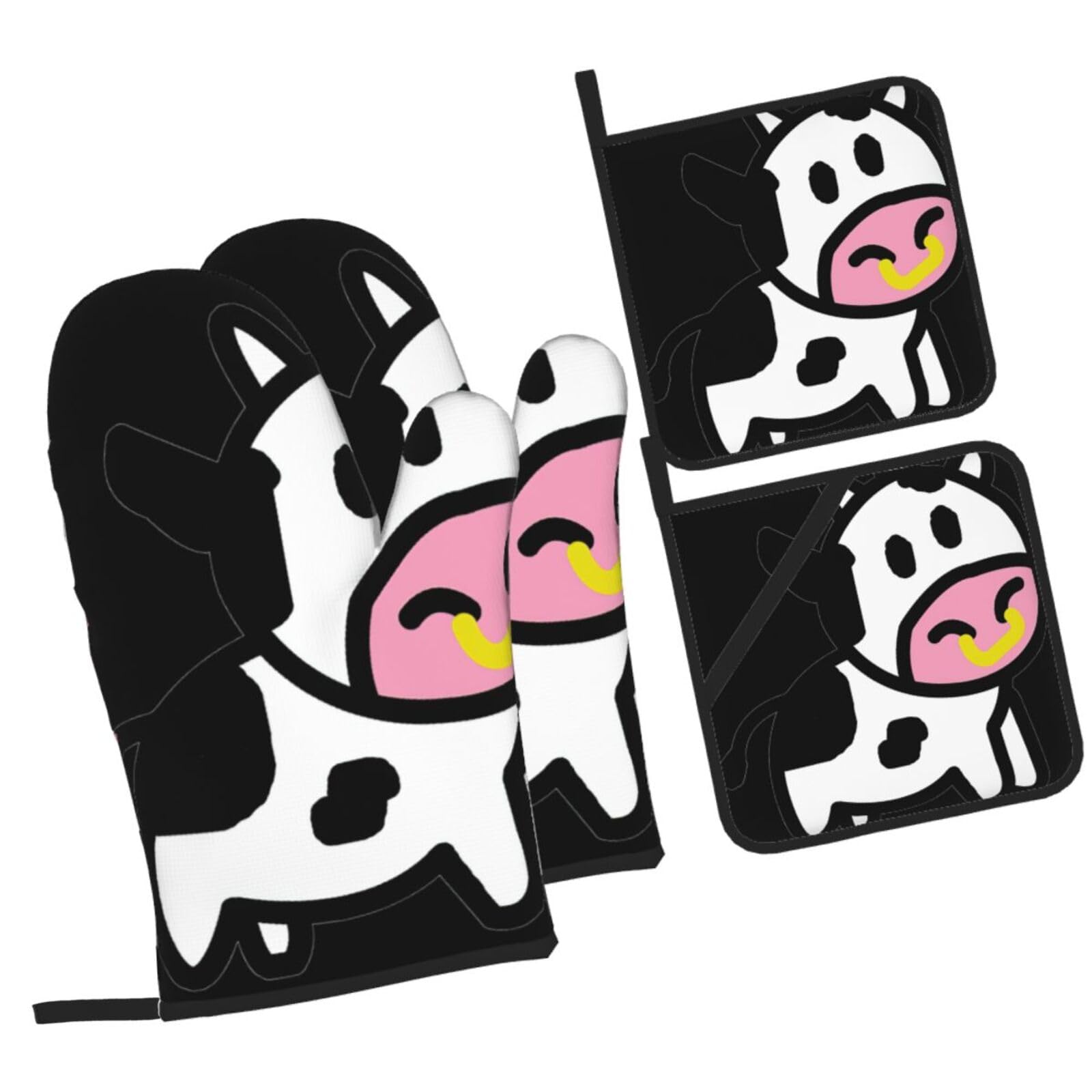 Cute Cow Kitchen Baking 4-Piece Set–Heat Resistant Oven Mitts and Pot Holders Kitchen Hot Pads