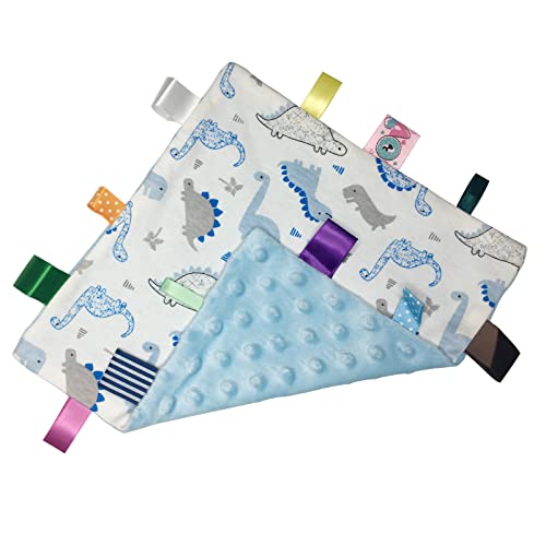 Lovey Dinosaur Security Blanket for Baby Soft Plush Sensory Toy Comfort Appease Towel Colorful Tags Blanket with Minky Dot Fabric Small Taggy Blanket No Crinkle Paper - Light Blue
