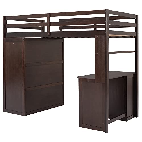 Harper & Bright Designs Twin Size Loft Bed with Desk and Wardrobe, Wood Loft Bed Frame with Storage Drawers and Full-Length Guardrails, High Loft Bed for Kids Teens Boys and Girls (Espresso)