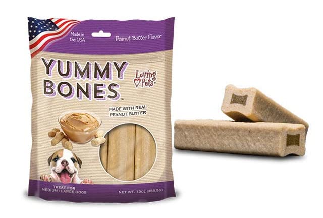 Loving Pets Yummy Bones - Peanut Butter Flavor Filled Bones for Dogs (for Medium/Large Dogs 20-100+ lbs)