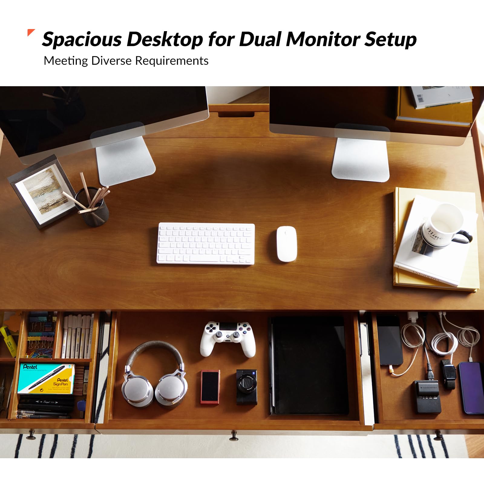 HULALA HOME Home Office Desk with 3 Drawers & Solid Wood Legs, Writing Table with Charging Station & Cable Management, Mid Century Modern Desk for Bedroom/Living Room/Study/Workstation, Walnut