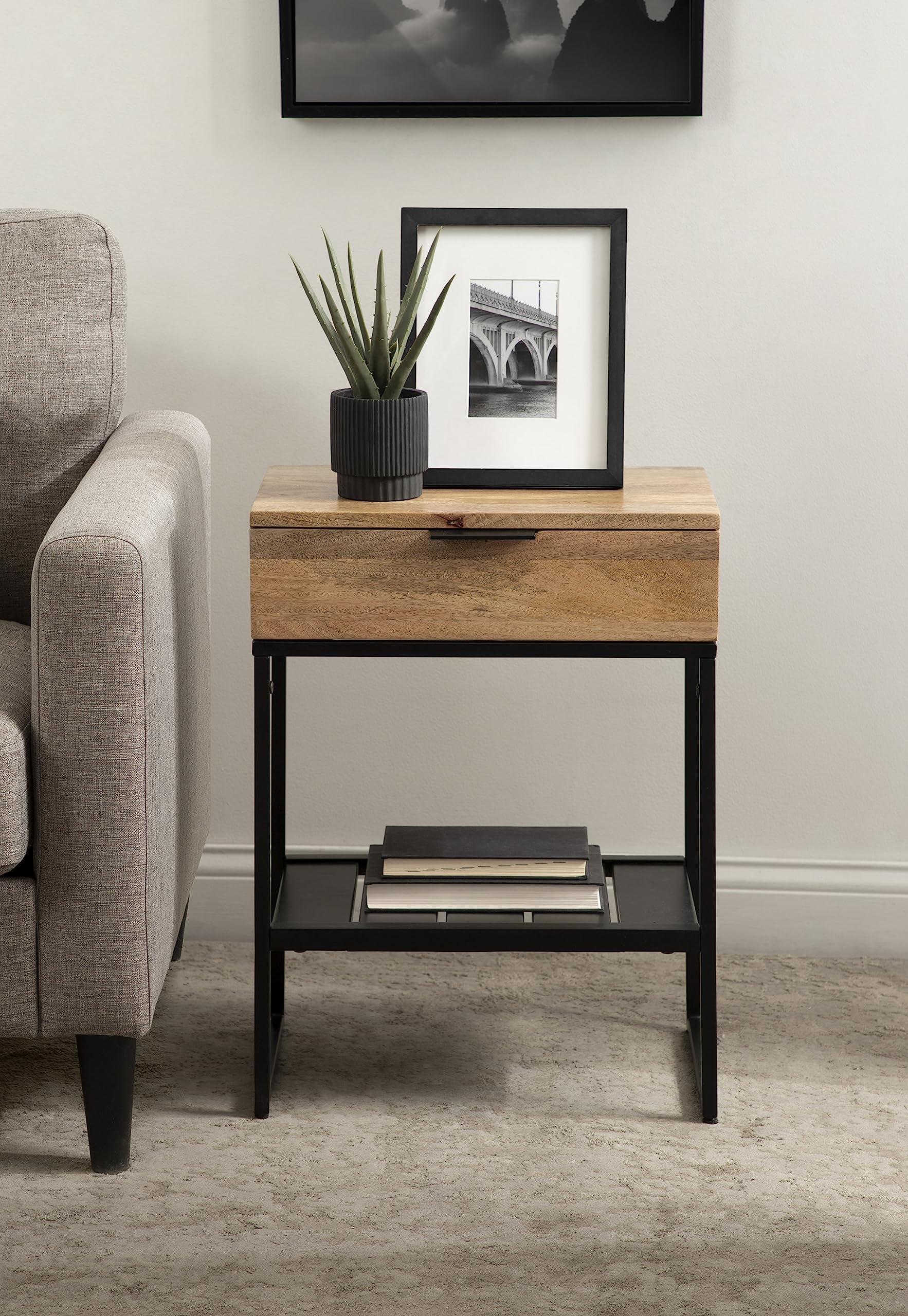 Kate and Laurel Malone Modern Wooden Side Table with Metal Shelf, 18 x 13 x 25, Natural Brown and Black, Transitional Wood Nightstand with Storage Shelf Below