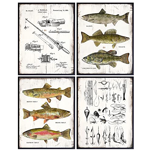 Fishing Accessories Patent Print, Rod, Reel, Lures Wall Art Set - Lake or Mountain House Decor for the Home - Rustic Vintage Bass, Trout, Freshwater Fish Room Decoration Poster - Gift for Fishermen