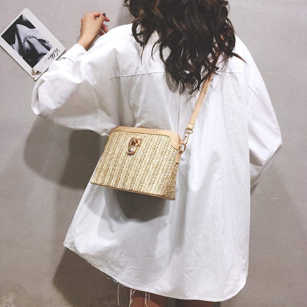 Fashion Straw Crossbody Bag Woven Boho Beach Holiday Women Shell Shoulder Bags, Light Brown, 21 x 18 x 5cm
