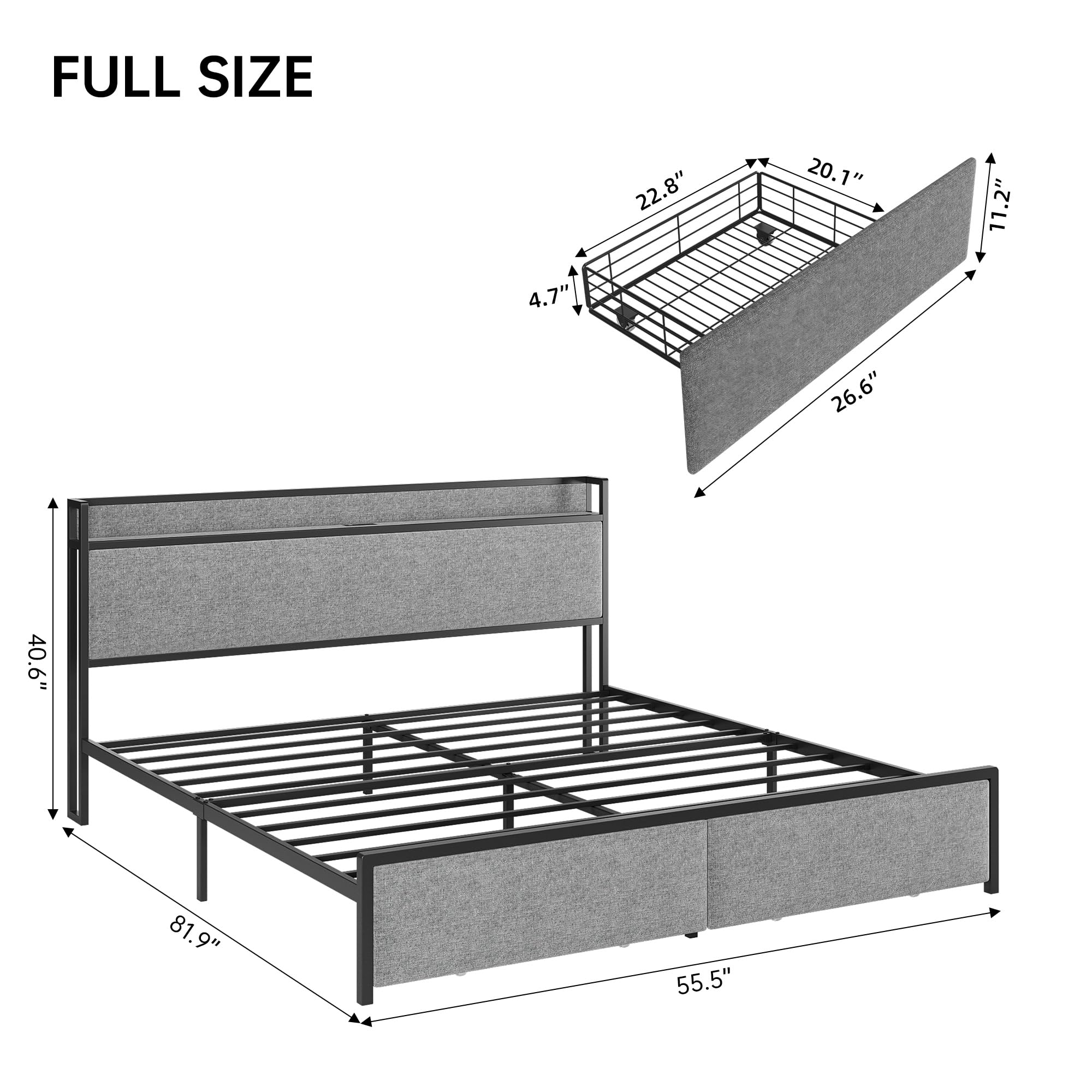 GarveeHome Full Size Bed Frame with 2 Drawers and Shelf Headboard, Charging Station with USB Port & Outlets, Upholstered Heavy Duty Platform Bed with Storage, No Box Spring Needed, Light Grey