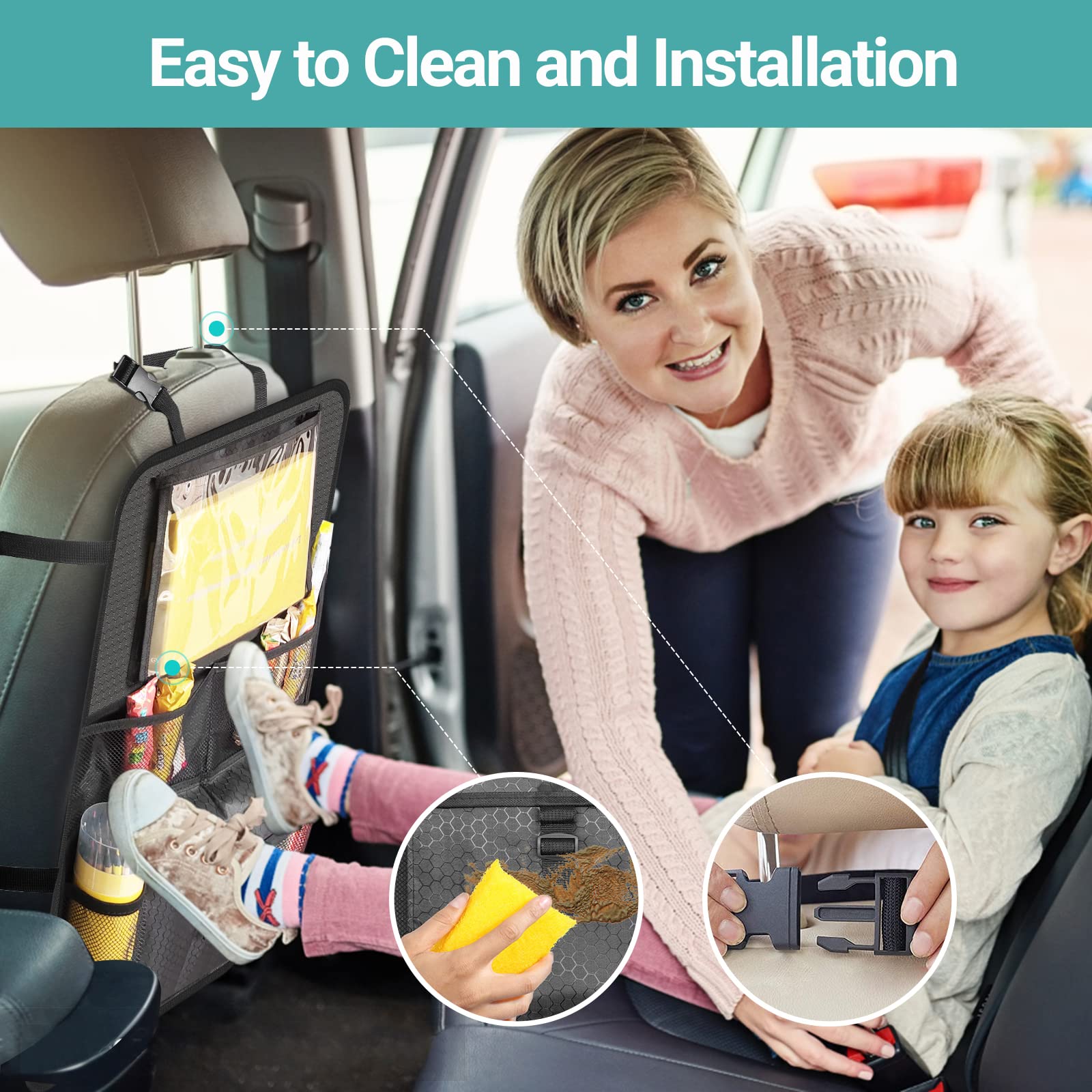 Ecurfu Backseat Car Organizer, Back Seat Protectors Kick Mats, Car Storage Bag with iPad Tablet Holder + 6 Storage Pockets for Kids Toddlers, Travel Accessories