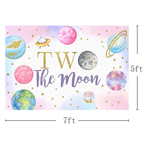 MEHOFOND 7x5ft Outer Space Two The Moon Backdrop Girl Happy 2nd Birthday Pink Gold Party Supplies Galaxy Planets Stars Theme Background Decor Photobooth Props Banner