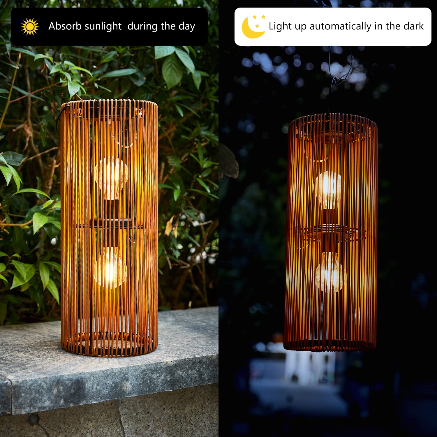 GIBMIDSER Solar Lanterns Outdoor Hanging Lantern Warm White Light Edison Style Bulb Yard Garden Wedding Home Parties Patio Decoration Waterproof Outdoor Floor Lamp Brown