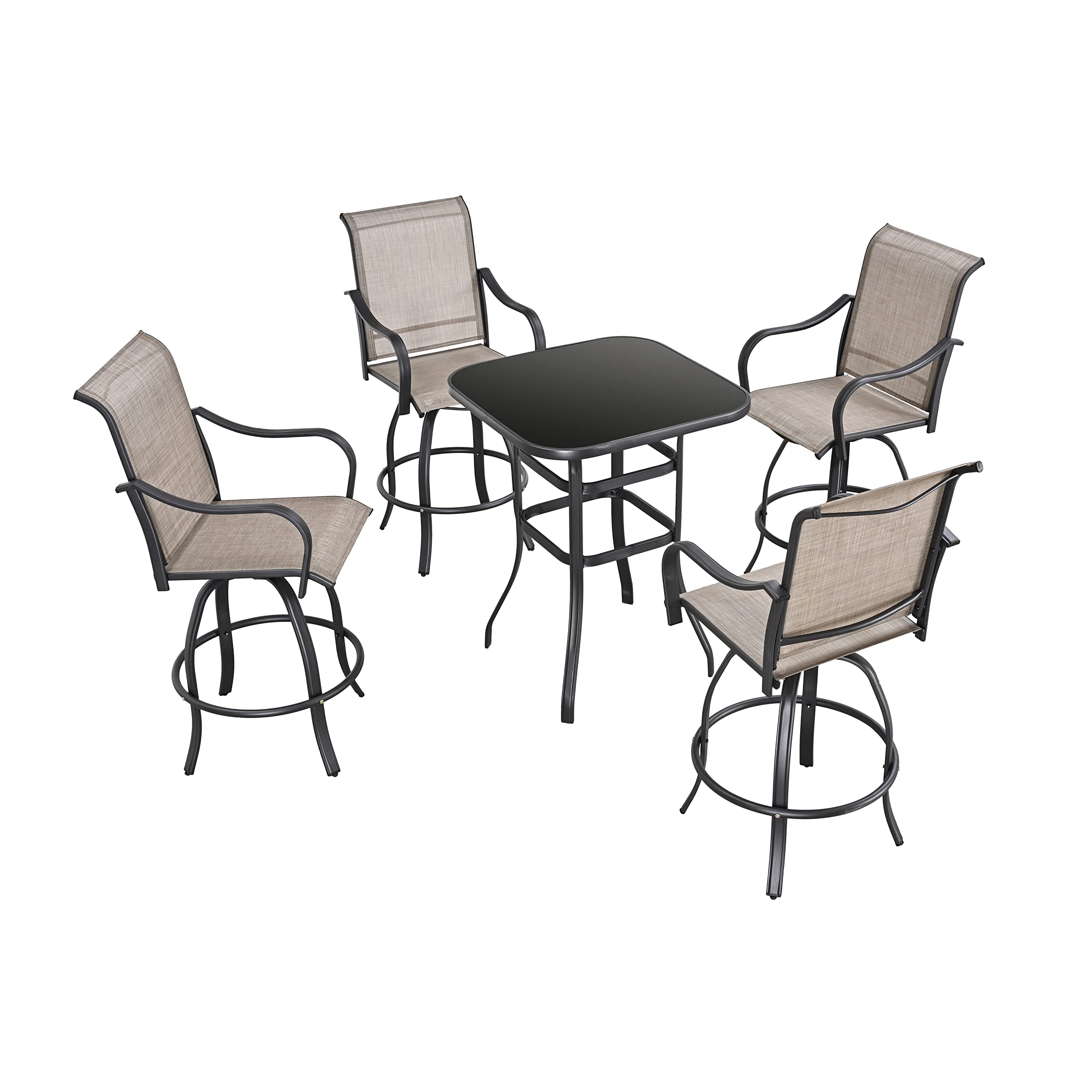 LOKATSE HOME 5 Piece Patio Dining Set Tesling Swivel Chairs with Glass Square Table Outdoor Furniture Bistro Rotating Stools for Poolside, Cafe, Porch, Chic Bar