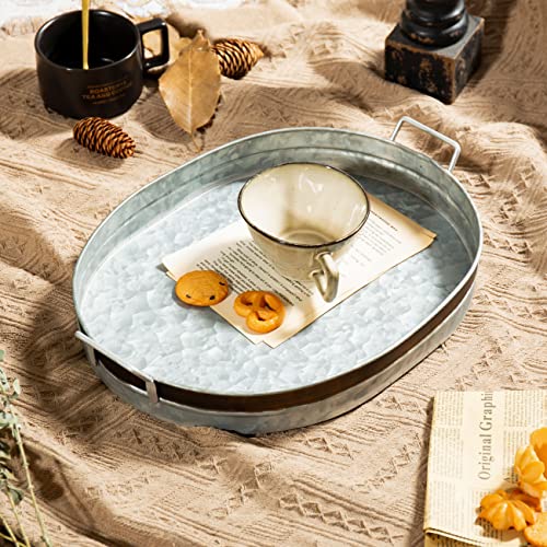 SOFE Oval Galvanized Metal Tray, Farmhouse Round Tray with Handles, Large Serving Tray Decorative and Rustic Candle Holder Tray, Coffee Table Tray Centerpieces for Dining Room、Living、Kitchen