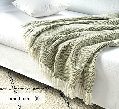 LANE LINEN Super Soft Throw Blanket for Couch & Bed - Classic Herringbone Weave with Tassel Cotton Lightweight Breathable Durable Cozy Warm β Pack of 2 50βx70β Sage Green