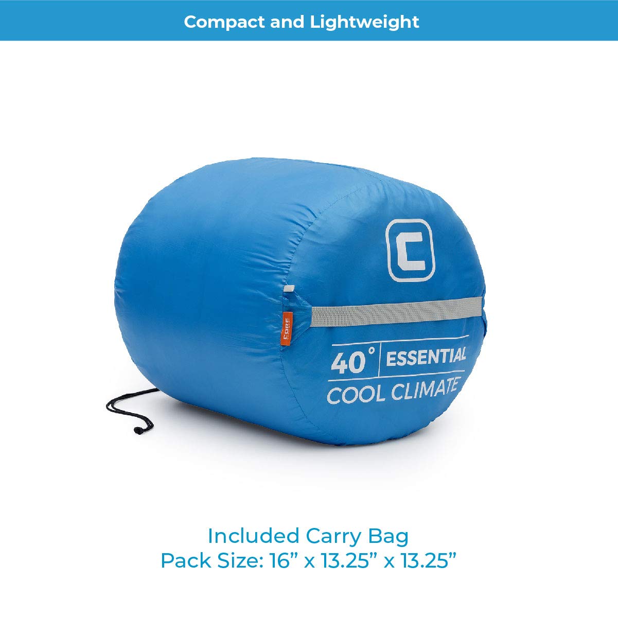 Core 40 Degree Cool Climate Sleeping Bag; Perfect for Traveling Adults & Kids - Indoor & Outdoor: Camping, Backpacking, Hiking, Blue (40 Degree)