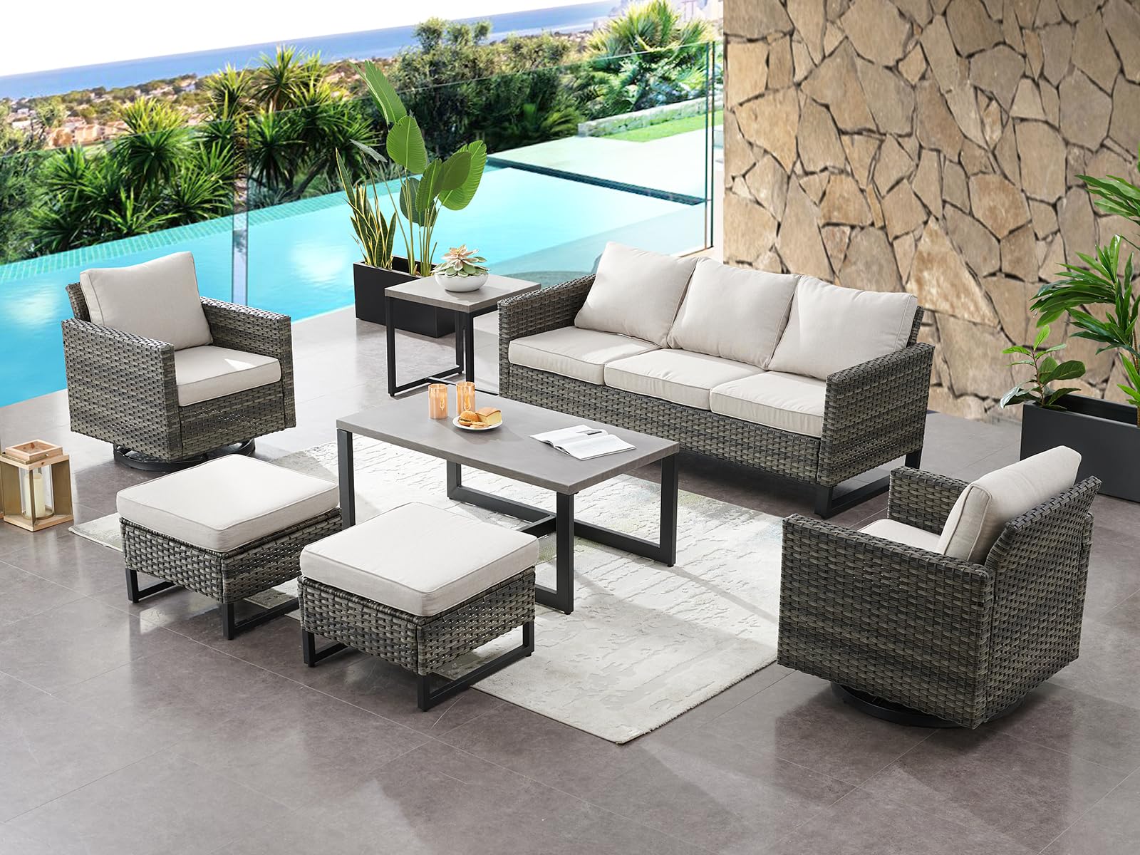 HUMMUH 7 Piece Patio Furniture Set PE Wicker Outdoor Sectional Sofa,High Back Patio Swivel Rocking Chairs with Ottomans Coffee Table for Porch,Garden,Backyard