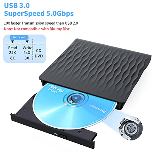 LPUNCD External CD/DVD Drive for Laptop USB 3.0 & Type-C,External CD DVD Burner CD/DVD+/-RW Rewriter for Laptop, Desktop, iMac, MacBook, Compatible with Windows 11/10/XP/8/7/Vista/Linux/MacOS, Black