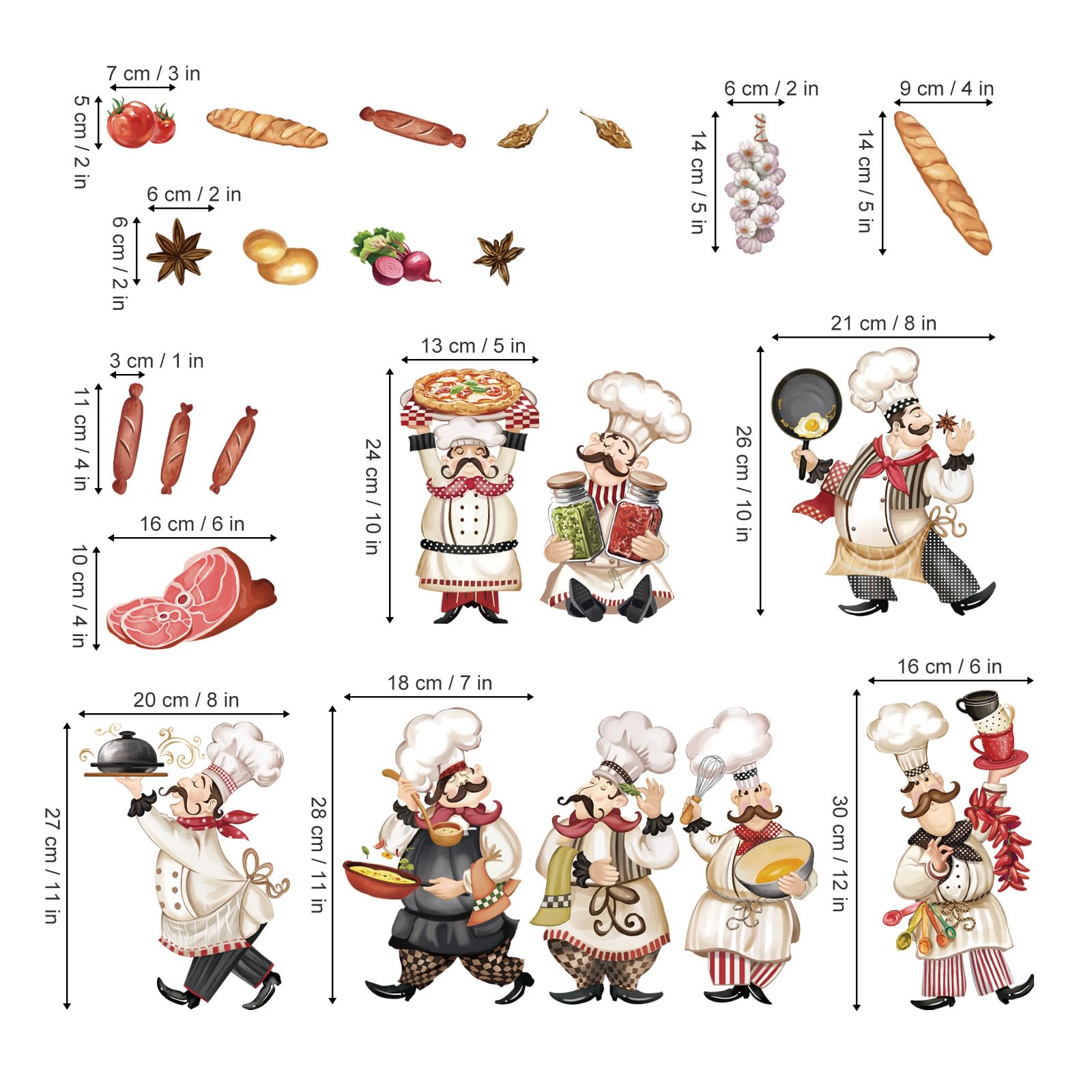 wondever Chef Kitchen Wall Stickers Food Cooking Kitchenware Peel and Stick Wall Art Decals for Kitchen Dining Room Restaurant Fridge