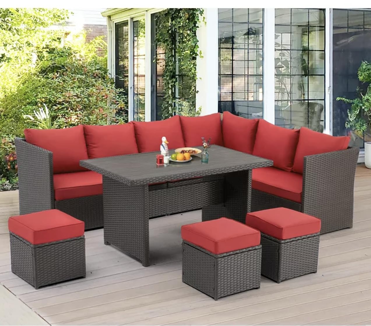 Generic 7 Piece Patio Conversation Set, Outdoor Sectional Sofa Rattan Wicker Dining Furniture, Gray (Red), dd1123
