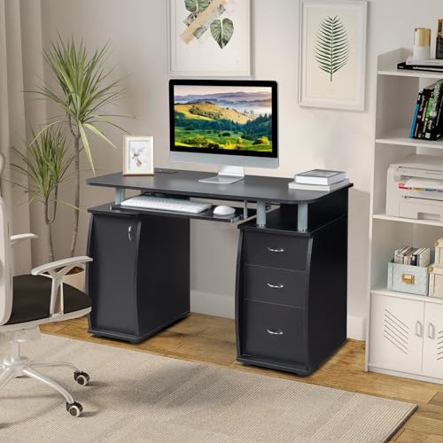 DESIGNSCAPE3D Modern Black Computer Desk with Keyboard Tray, 3 Drawers, and Charging Station - Home Office Desk for Efficiency and Style
