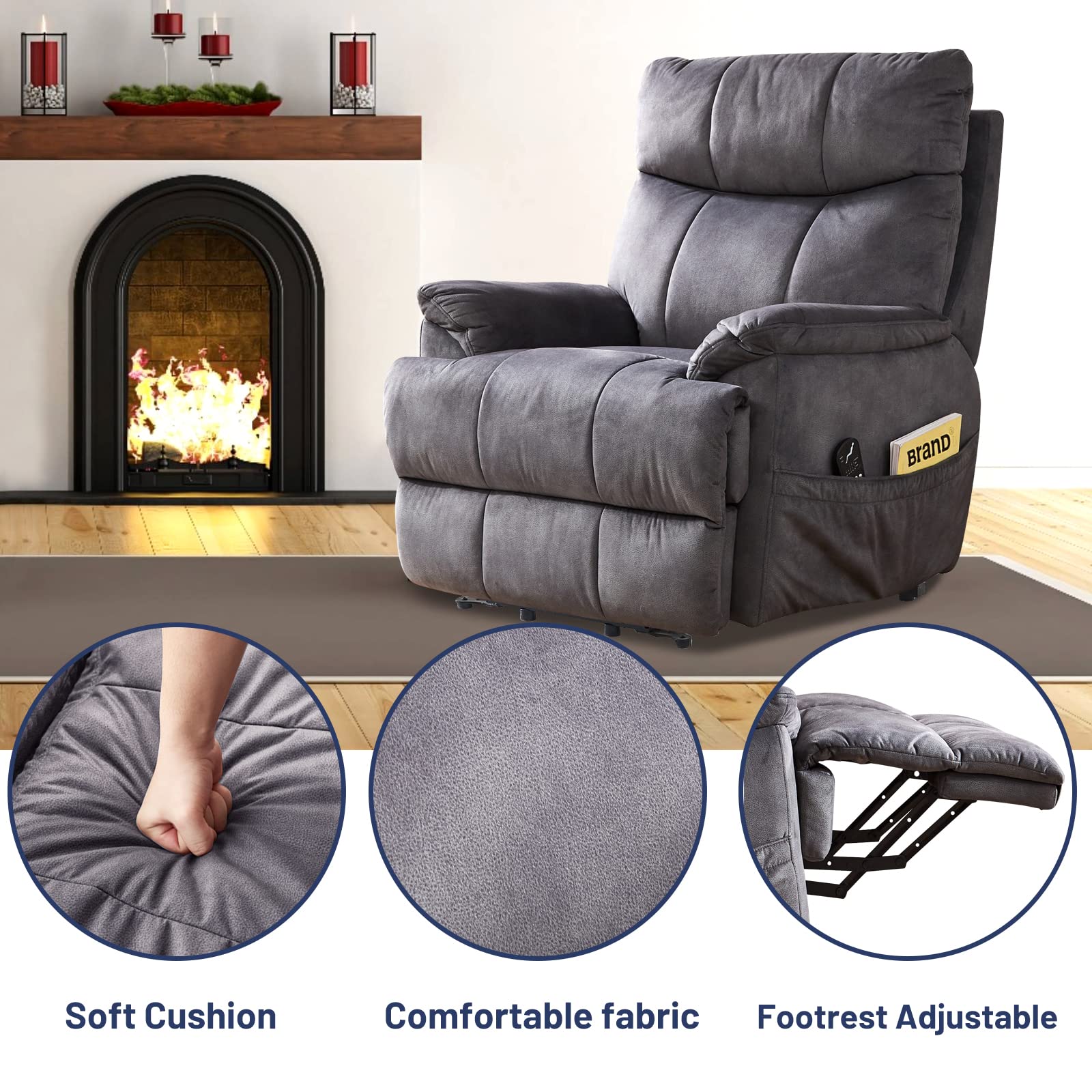 Comfort Stretch Electric Single Sofa for Elderly Up to 300Lbs Living Room Side Pocket Power Lift Recliner Chair with 8 Points Massage and Heating Functions, Large, Grey