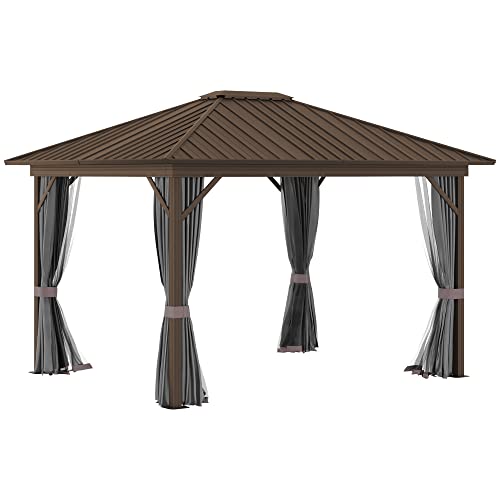 Outsunny 10' x 12' Hardtop Gazebo Canopy with Galvanized Steel Roof, Aluminum Frame, Permanent Pavilion with Top Hook, Netting and Curtains for Patio, Garden, Backyard, Deck, Lawn, Gray