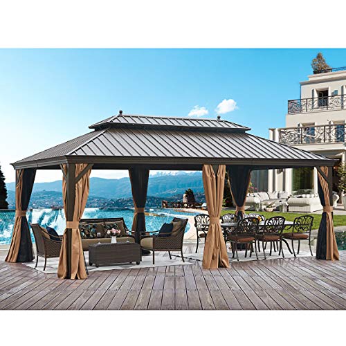 MELLCOM 12' X 20' Hardtop Gazebo, Galvanized Steel Double Vented Roof Outdoor Gazebo, Aluminum Frame Metal Gazebo with Netting and Curtains for Patios, Gardens, Lawns