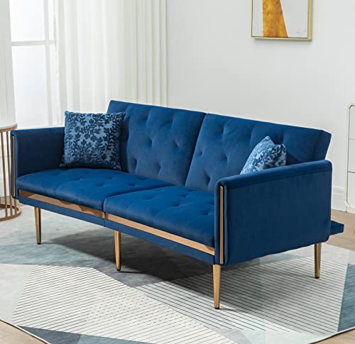 HBHM Velvet Sofa Accent Sofa, Mid Century Modern Loveseat Velvet Fabric Couch, Convertible Futon Sofa Bed, Recliner Couch Accent Sofa Loveseat Sofa with Gold Metal Feet,Blue
