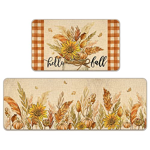 Tailus Hello Fall Sunflower Pumpkin Kitchen Rugs Set of 2, Autumn Harvest Wheat Mason Jar Kitchen Mats Decor, Buffalo Plaid Check Farmhouse Floor Door Mat Home Decorations - 17x29 and 17x47 Inch