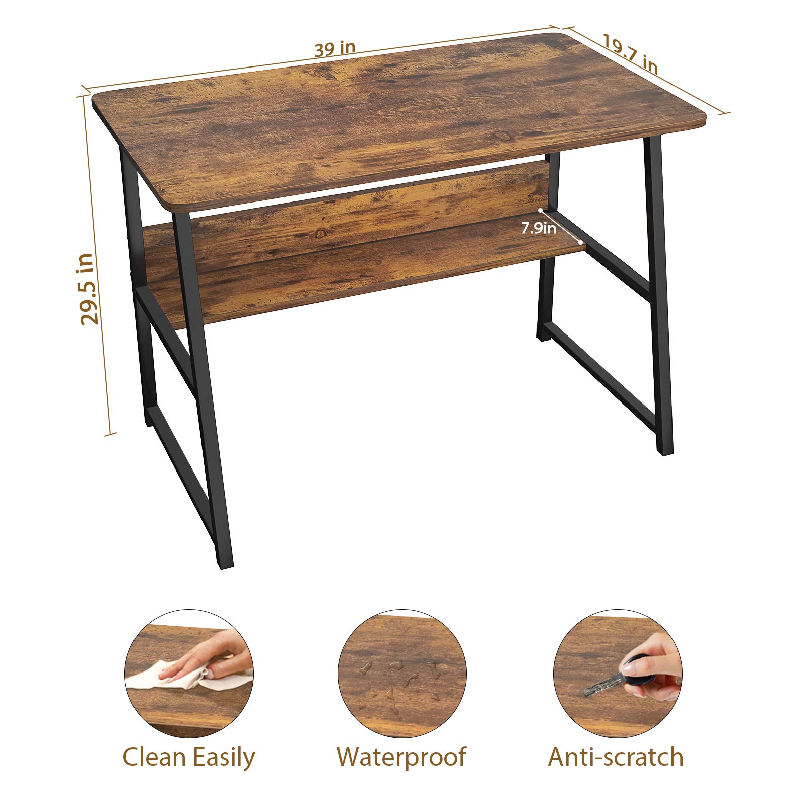 Desk Computer Desk 39 Inch Desk Home Office Desk Modern Simple Study Writing Desk with Bookshelf Sturdy Easy to Asseble Desk Industrial Small Desks for Small Space PC Laptop Gaming Desk Table