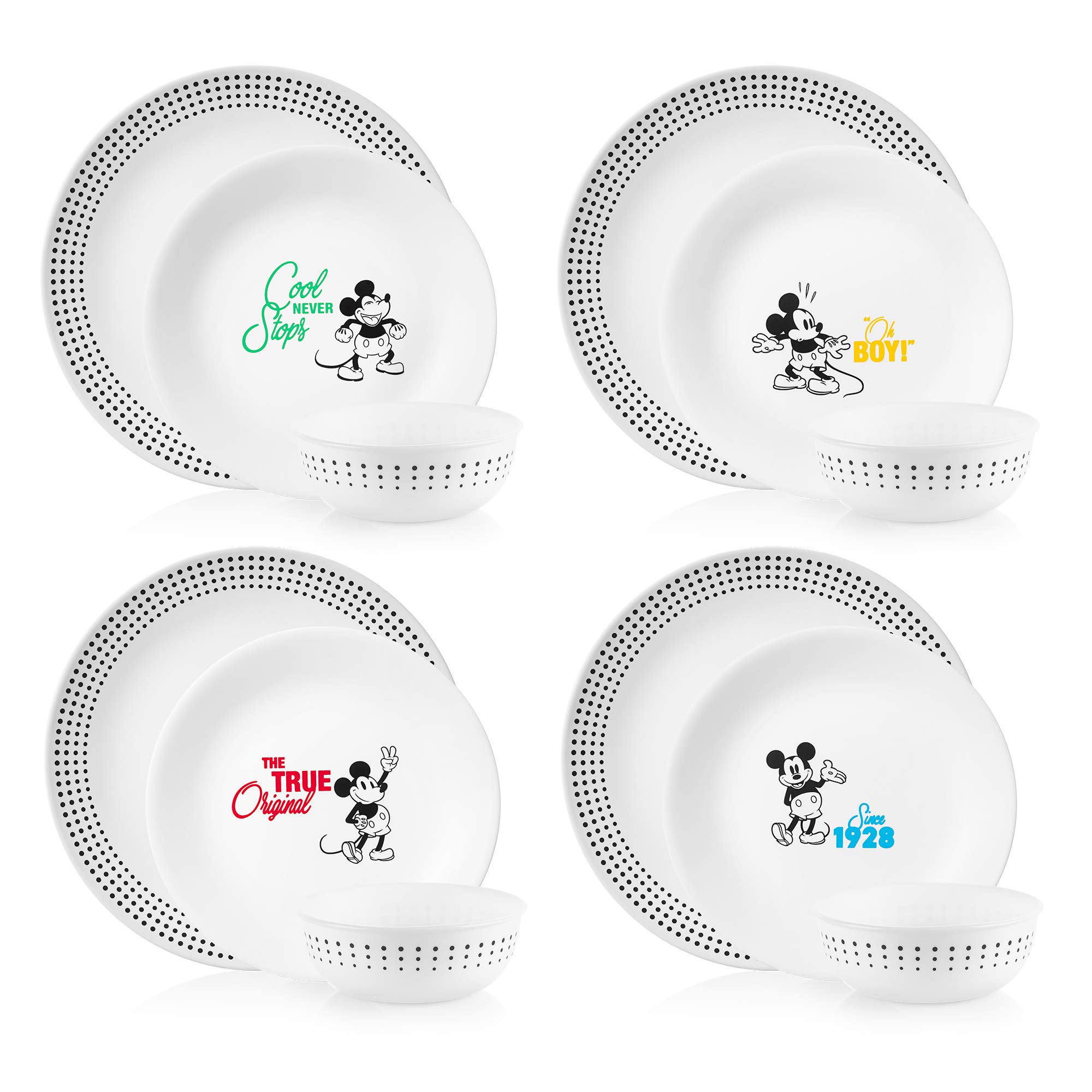 Corelle Vitrelle 12-Piece-Dinnerware Set, Triple Layer Glass and Chip Resistant, Lightweight Round-Plates and-Bowls Set, -Disney's-Mickey-Mouse - The True Original