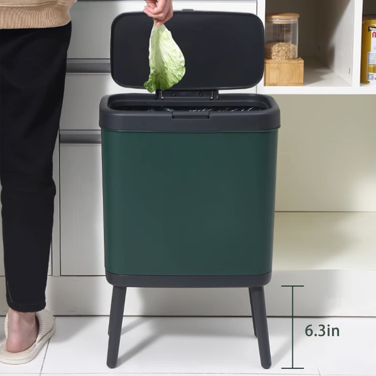 URALFA Slim Trash Can with Lid, Modern Kitchen Garbage Can Narrow Trash Can with Legs, 4 Gallon Garbage Bin Plastic Waste Basket Gold Edge for Bathroom, Office, Bedroom, Living Room, Green
