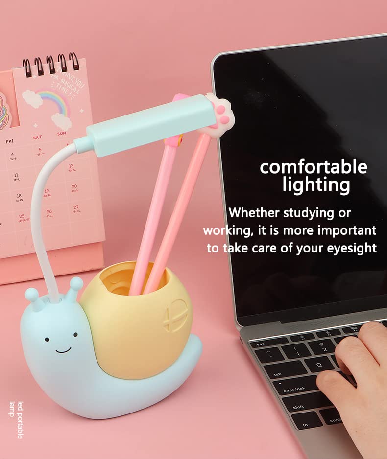 Cute Kids Lamp with Pen Holder,LED Desk Lamp for Child,Snail Shape USB Charging Student Learning Eye Protection Lamp with 360° Bendable Adjustable Neck Pink