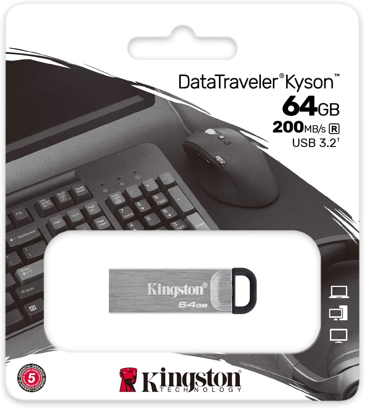 Kingston 64GB DataTraveler Kyson High Performance up to 200MB/s USB 3.2 Metal Flash Drive DTKN/64GB Bundle with (1) GoRAM Black Lanyard (64GB, 5 Pack)