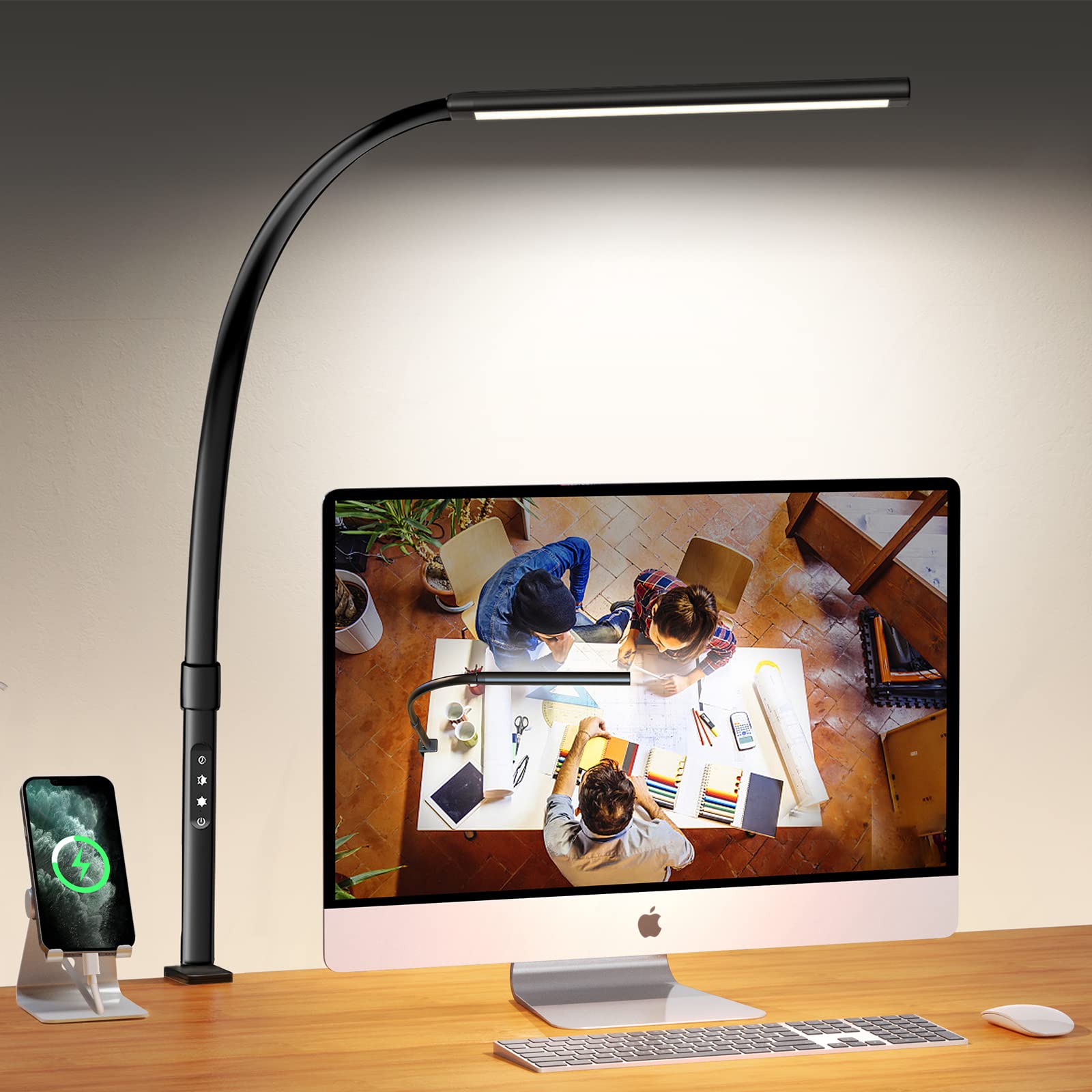 Desk Lamp for Home Office, Flexible Gooseneck Desk Lamps with Clamp, Desk Lamp with USB C and A Ports, 5 Modes 5 Brightness Architect Clip Light for Workbench Office Reading Study